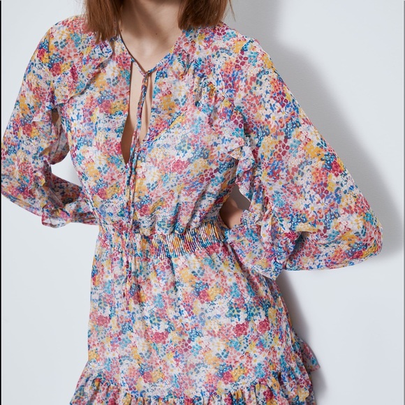 Zara | Dresses | Zara Ruffled Floral Print Long Sleeve Mini Dress Size ...